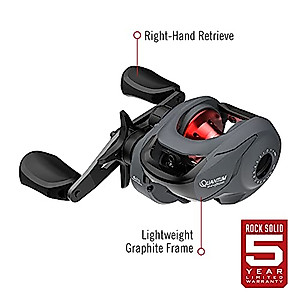 Quantum Invade Baitcast Fishing Reel, Size 100 Reel, Right-Hand Retrieve, Oversized Handle Knobs, Zero-Friction Pinion, Lightweight Graphite Frame, Dark Gray
