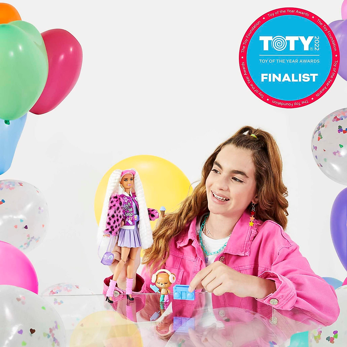 Barbie Extra Doll & Accessories with Extra-Long Crimped Pigtails in Pink Sparkly Varsity Jacket with Pet Teddy Bear