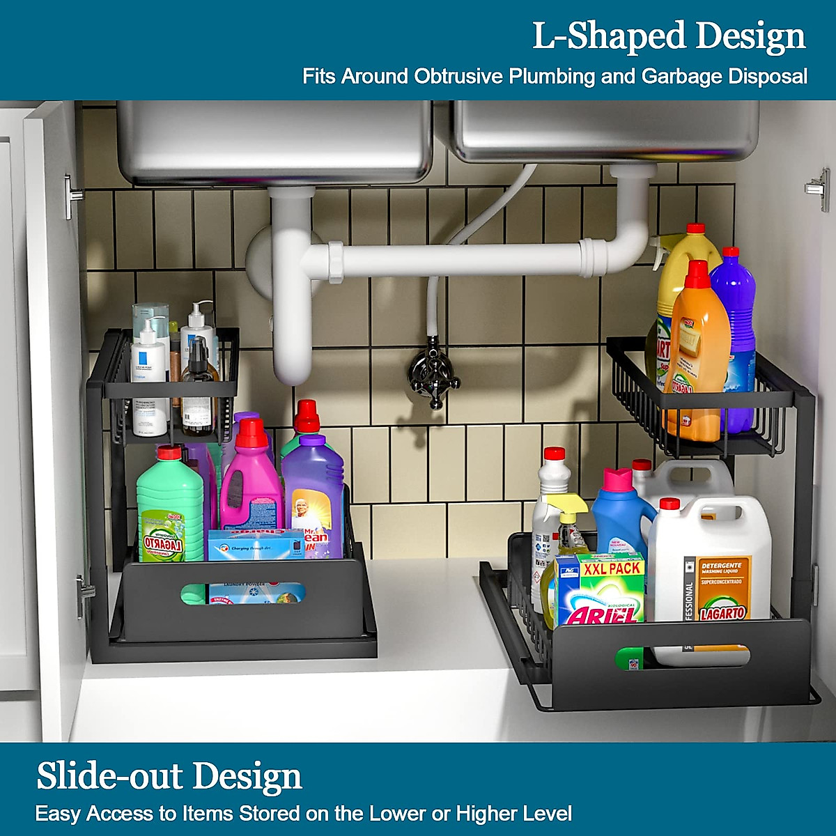 PUWEER Under Sink Organizer, 2 Tier Slide Out Sink Shelf Cabinet Storage Shelves, Multi-Purpose Under Counter Storage Pull Out Organizer for Kitchen Bathroom Cabinet