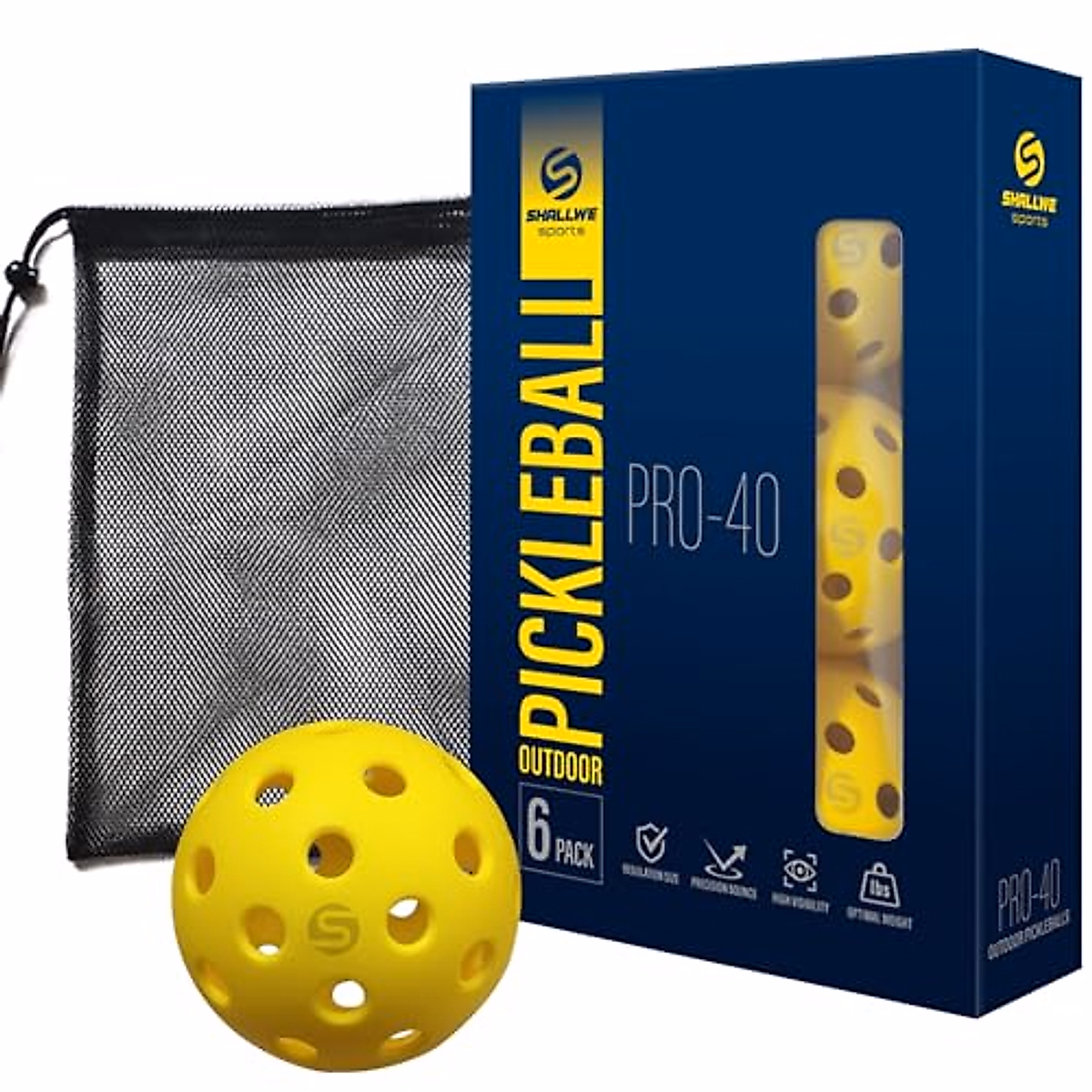 SHALLWE Pickleball Balls, Outdoor Pickleball Balls 6/12 Pack, Meets USAPA Standards Pickleball Outside 40 Holes, Yellow Pickle Balls with Portable Mesh Bag