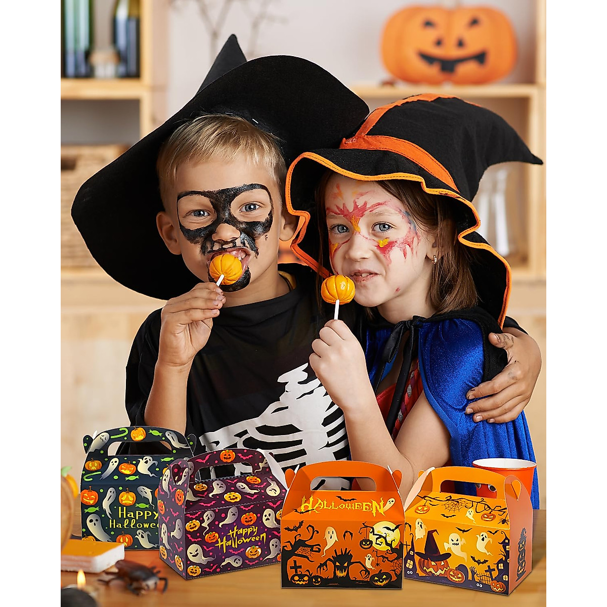 Liobelon 24 Pieces Halloween Treat Boxes Trick or Treat Bags Halloween Goodie Bags Halloween Cookies Goodie Boxes With Handles Ghost Gift Boxes Halloween Party Supplies for Sweets, Toys, Pastry, Gifts