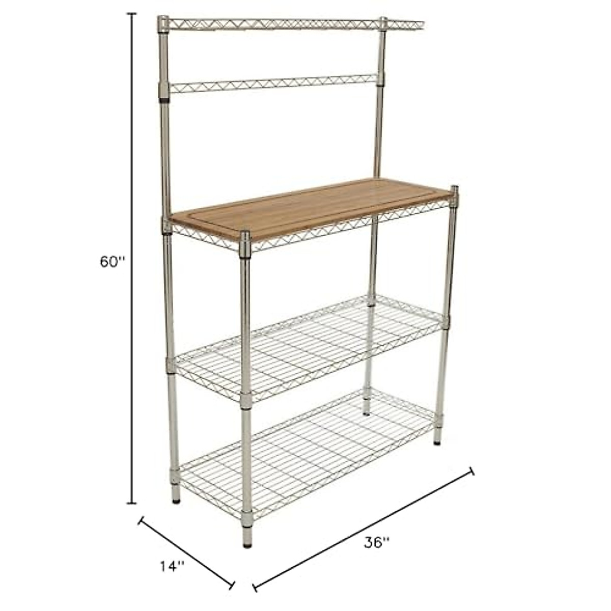 TRINITY EcoStorage Bakers Rack and Pantry Organizer with 3 Shelves, Removable Bamboo Work Surface, and Hooks for Kitchen Organization and Food Preparation, Chrome, 36” W x 14” D x 60” H