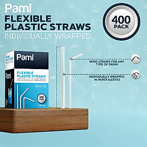 PAMI Flexible Plastic Straws, Individually Wrapped [Pack of 400] - 7.75” White Drinking Straws For Coffee, Cocktails, Drinks- Bulk Disposable Plastic Straws- BPA-Free Bent Straws For Parties