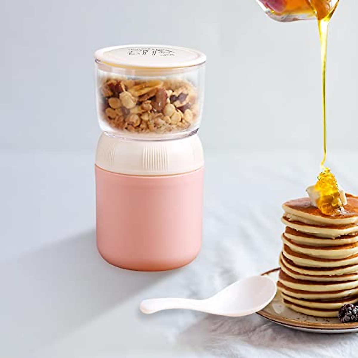 Gralara Lunch Pot Yogurt Container 2 Tier Spoon Portable Detachable Stainless Steel for Milk Salad Soup Yogurt Adults, Pink