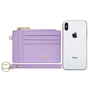 Wikavanli Women Slim Rfid Blocking Credit Card Case Holder Wristlet Zip ID Case Wallet Small Compact Leather Wallet Coin Purse with Keychain (Light Purple a)