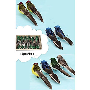 12Pcs Artificial Simulation Feather Birds with Clips Foam Birds Ornaments DIY Craft for Home Garden Wedding Decoration Party Accessories