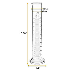 EISCO Graduated Cylinder, 1000ml - Class A Tolerance ±5.00ml - Round Base - White Graduations - Borosilicate 3.3 Glass