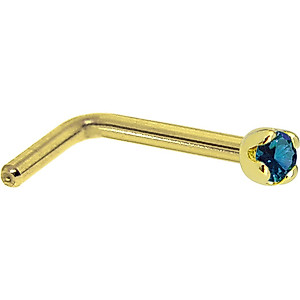 Body Candy Solid 14k Yellow Gold 1.5mm (0.015 cttw) Genuine Blue Diamond L Shaped Nose Stud Ring 18 Gauge 1/4"