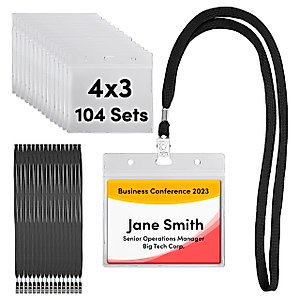 SEE-IT! 104 & 52 Qty Sets Badge Holder with Lanyard Name Tag Holder and Lanyards 4x3 Size Quick Load No Zipper Name Badge Holders Lanyards with id Holder Lanyards for id Badges Clear Plastic (104)