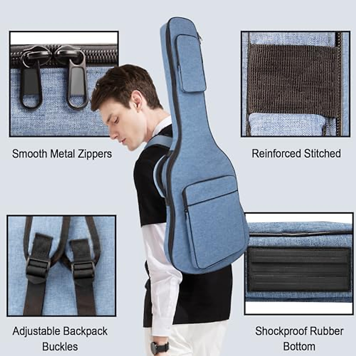 MUZTOP 39 Inch Electric Guitar Bag Soft Guitar Case, 11 MM Thick Padded Electric Guitar Gig Bag Waterproof Guitar Backpack with Pockets, Blue