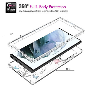 Vavies Case for Galaxy S22 Ultra Case, SM-S908U Case with Tempered Glass Screen Protector, Full Body Clear with Floral Protection Phone Cover Cases for Samsung Galaxy S22 Ultra 5G (Butterfly Tree)