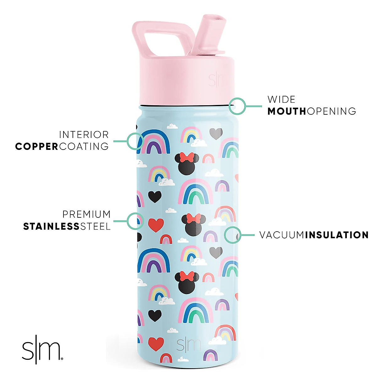 Simple Modern Disney Minnie Mouse Kids Water Bottle with Straw Lid | Reusable Insulated Stainless Steel Cup for Girls, School | Summit Collection | 18oz, Minnie Mouse Rainbows