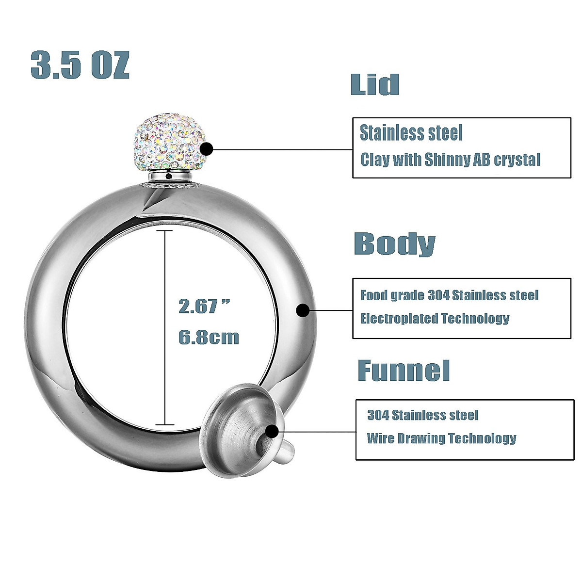Hillside-Kit Bracelet Bangle Flask Funnel Set , Handmade Crystal Lid Creative 304 Stainless Steel , Gift For Women Girls Men Party 3.5oz