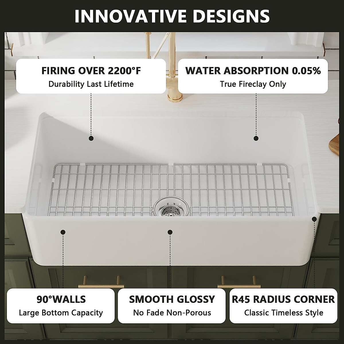 DeerValley Farmhouse Sink, DV-1K505 Grove 36"L x 18"W Fireclay Farmhouse Sink White Apron Front Deep Single Bowl Kitchen Sink with Sink Grid and Basket Strainer