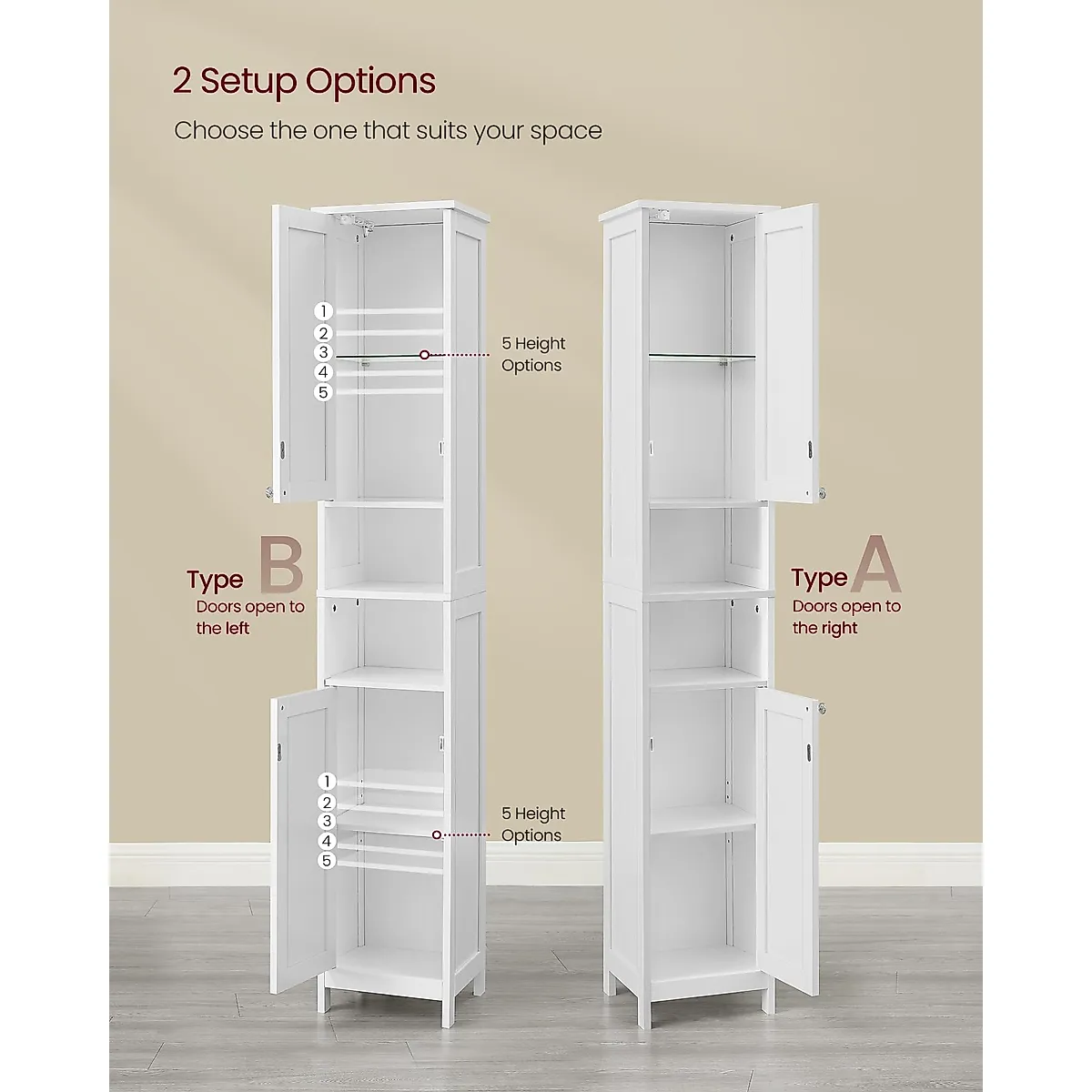VASAGLE Tall Bathroom Cabinet with Lights, Slim Freestanding Bathroom Storage Cabinet with Adjustable Shelves, for Small Spaces, Modern, 11.8 Inches Wide, Cloud White UBBC566W02