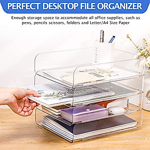 CiWiVOKi Set of 4 Office Organization and Storage, Clear PET Letter Tray Desk Organizer, Stackable Paper Tray Organizer for Desk Accessories, Notes, Pens, File Paper, Document