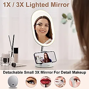 WILIT Vanity Mirror with Lights, Lighted Makeup Mirror with Detachable Magnification Mirror, 8.27 Inch 72 Premium LED Lights, 3 Colors 3 Levels Brightness Desk Cosmetic Mirror with Wireless Charger