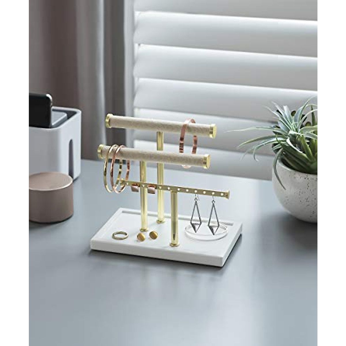 Umbra Trigem Three Tiered Tabletop Organizer for Necklace, Bracelets and Earrings, 3, White Brass