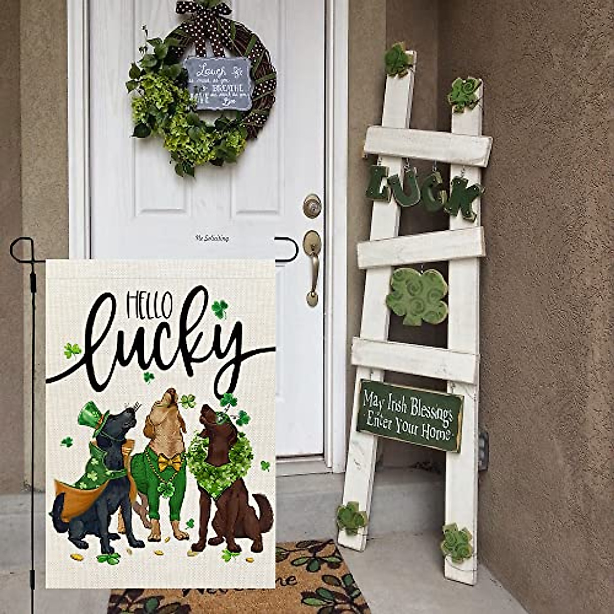CROWNED BEAUTY St Patricks Day Dogs Garden Flag 12x18 Inch Double Sided for Outside Small Burlap Green Shamrock Hello Lucky Yard Holiday Decoration CF739-12