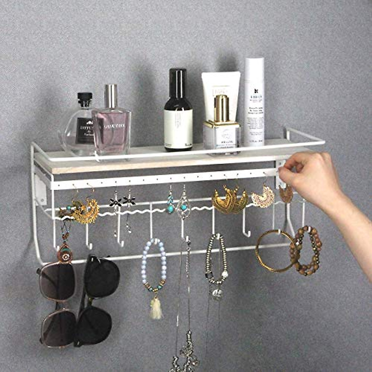 JackCubeDesign Hanging Jewelry Organizer with 9 Hooks, Wall Mount Necklace Earring Bracelet Sunglass Holder with Wood Shelf (White Metal) - MK237D