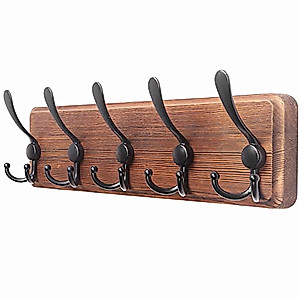 Dseap Coat Rack Wall Mounted - 5 Tri Hooks, Heavy Duty, Wooden Wall Coat Hanger Coat Hook for Clothes Hat Jacket Clothing, Natural & Black