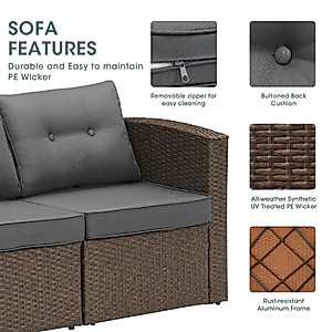 Outdoor Loveseat Patio Furniture Corner Sofa, All-Weather Brown Wicker 2-Piece Rattan Outdoor Sectional Couch Sofa Set with Dark Grey Non-Slip Cushions,Aluminum Frame