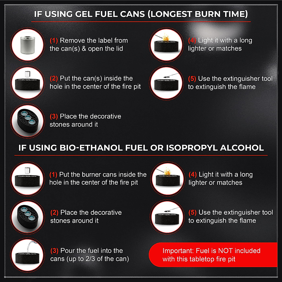 Vizayo Tabletop Fire Pit for Patio - 14.2 x 10.2 inch Indoor Outdoor Table Top Firepit Bowl - Use Gel Fuel Cans, Bioethanol or Isopropyl Alcohol - Tabletop Fireplace for Balcony, Patio Decor - Black