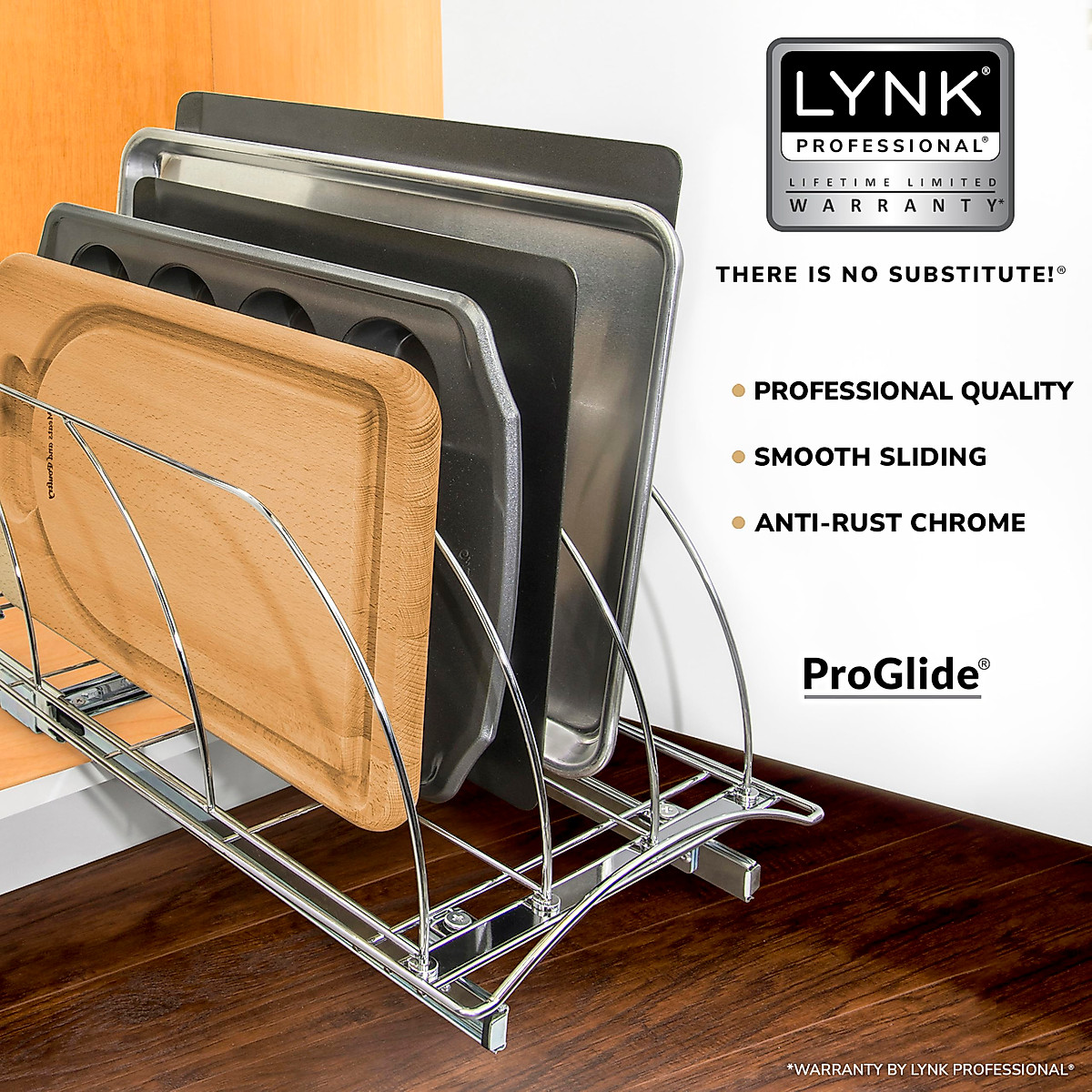 Lynk Professional® Slide Out Cutting Board, Bakeware, and Tray Organizer - Pull Out Kitchen Cabinet Organizer - 10 inch wide x 21 inch deep - Chrome