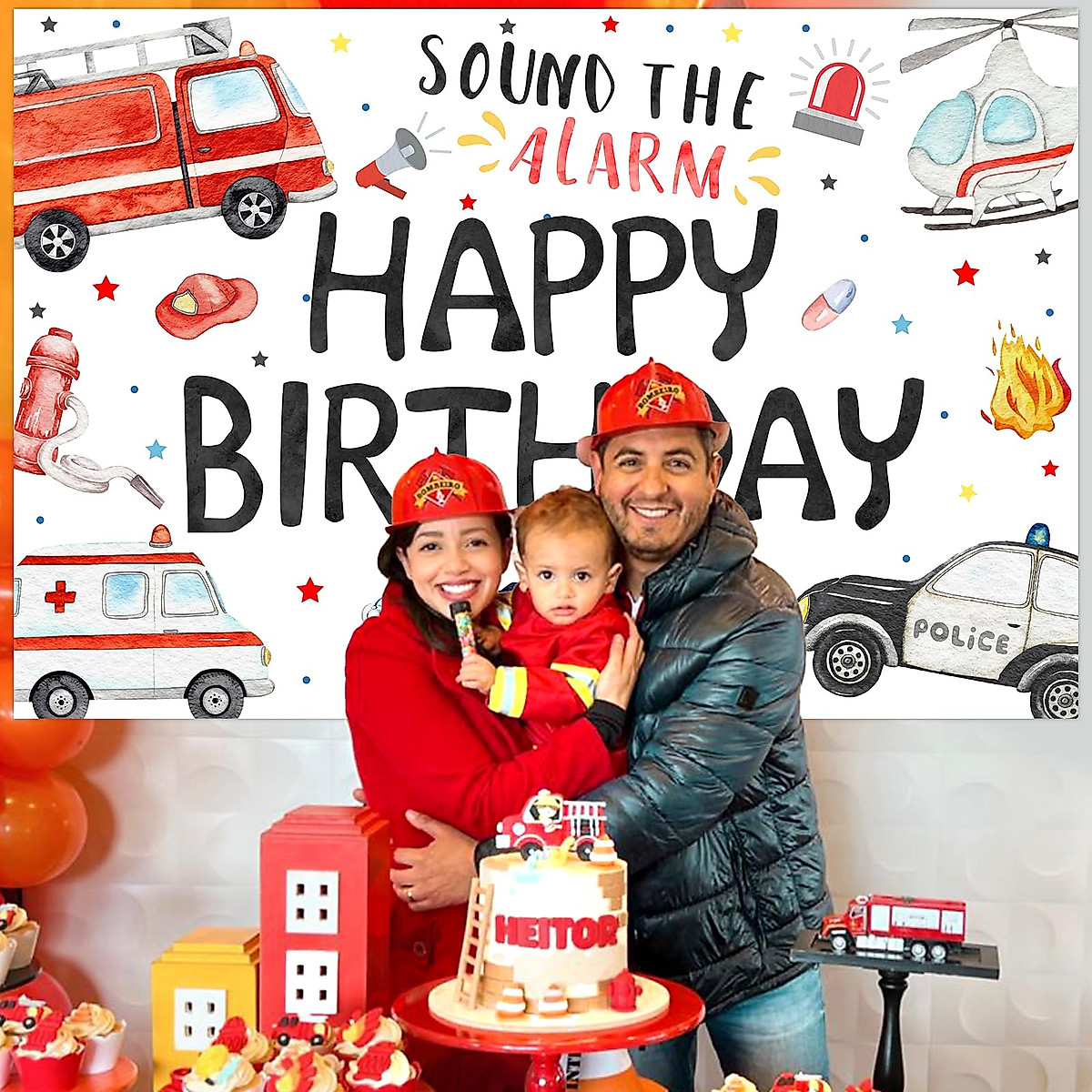 Wonmelody Emergency Birthday Decorations Backdrop Happy Birthday Sound the Alarm Backdrop Banner Rescue Vehicle Birthday Party Supply Team Rescue Backdrop First Responder Transportation Party
