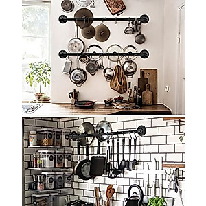 Bailoo Industrial Pipe Pot Pan Rack 21" (2 Pack), Wall mount Pot hangers Pan Hanging Rail Lid Hanger for kitchen with 10 S Hooks