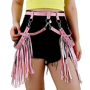 Asooll Punk Leather Waist Chain Black Tassel Fringe Belt Rave Belly Belt Harness Bikini Party Prom Body Accessories for Women and Girls (Pink)