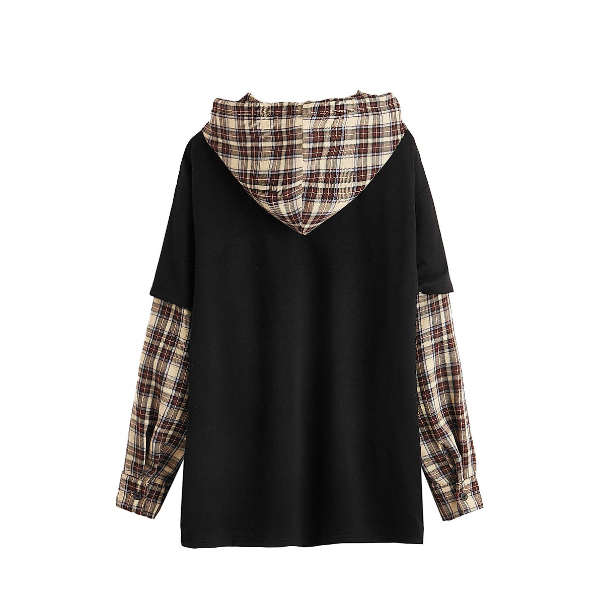 SweatyRocks Women's Casual Plaid Long Sleeve Hooded Sweatshirt Drop Shoulder Drawstring Hoodie with Pocket Stripe Black Medium