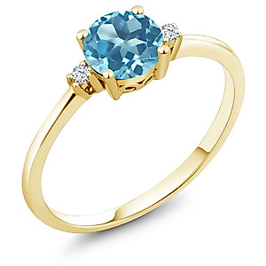 Gem Stone King 10K Yellow Gold Swiss Blue Topaz and White Created Sapphire Solitaire Engagement Ring For Women (0.93 Cttw, Round 6MM, Gemstone November Birthstone, Size 8)