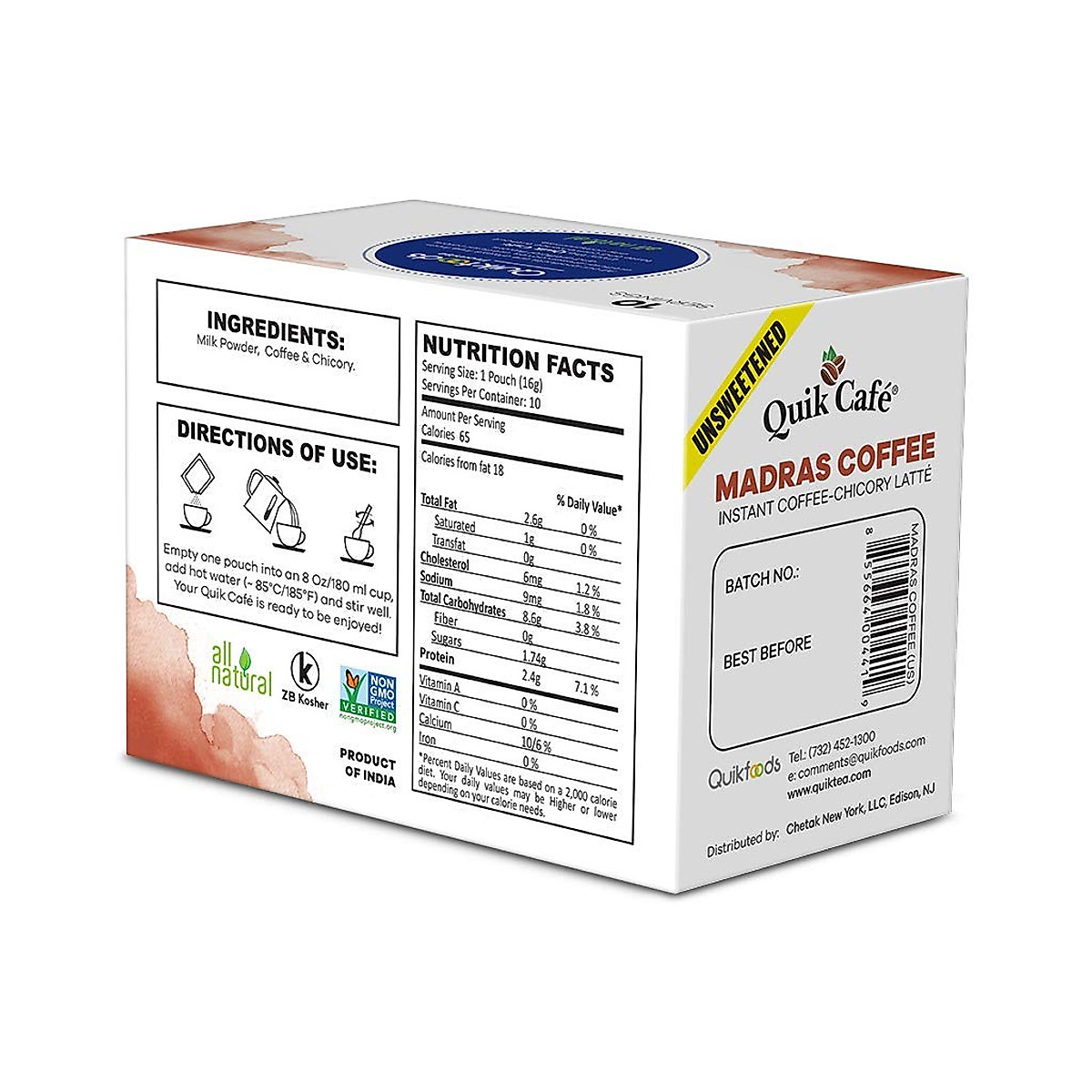 Quik Café Unsweetened Madras Coffee - 10 Count - All Natural Preservative Free Authentic Instant Coffee Latte