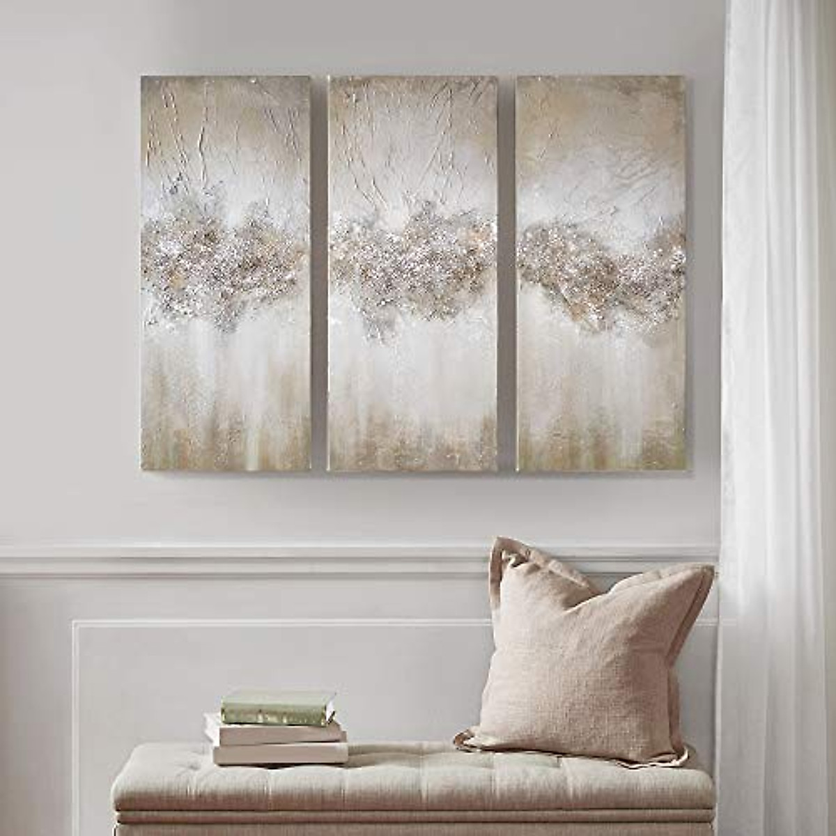 Madison Park Wall Art Living Room Décor - Embellished Hand Painted Canvas, Home Accent Glitter Abstract Bathroom Decoration Ready to Hang Painting for Bedroom, 15" W x 35" H x 1.5" D, Taupe 3 Piece