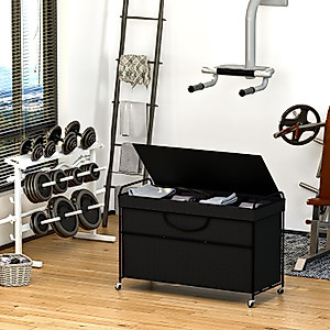 YKDIRECT 240L Large Laundry Hamper, 4 Compartment Laundry Basket with Lid, Removable Bag & Metal Structure with Industrial Wheels, Suitable for Bathroom, Dorm Room, Laundry Room (Black, 240L)