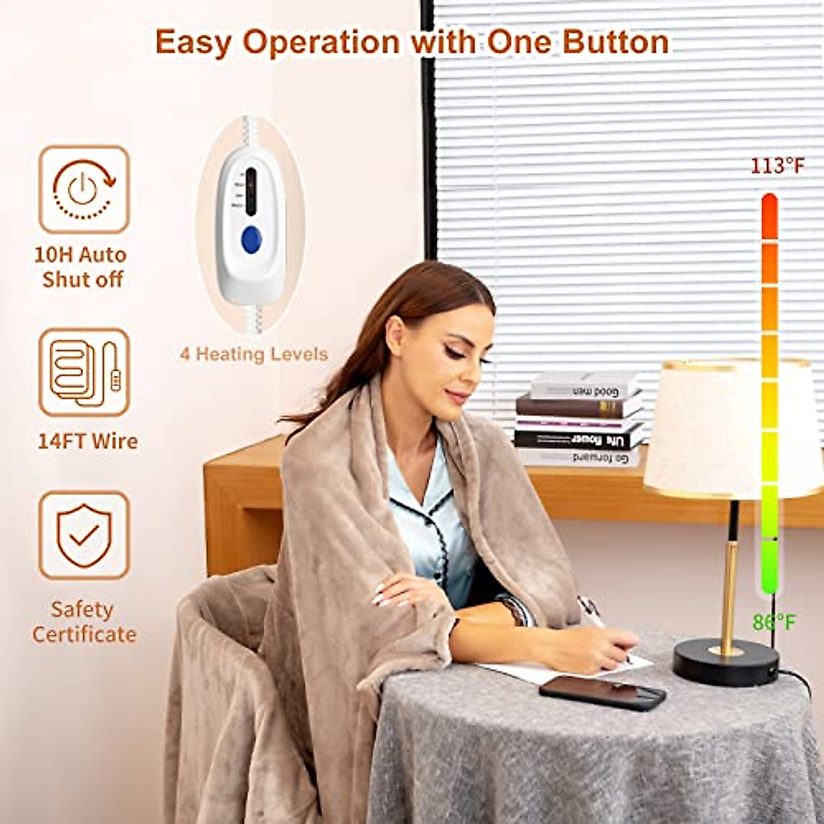 MSDUNOVR Heated Blanket Full Size 72"X84", Soft Electric Blanket with 4 Heating Levels, ETL&FCC Certification, Over-Heat Protection, Machine Washable, for Home Office Use(Brown)