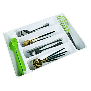 TUNGTAR Custom silverware drawer tray16'' expandable utensil holder tray for drawer utensil organizer kitchen Flatware Storage Drawer Dividers Holder 6in1 (White, Large),10.25 * 15.5'' 6IN1
