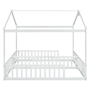 Luckiofvonne Double Twin Bed Frames for Kids, Twin House Bed for 2, Wood Montessori Floor Beds Frame with Fence Railings, Two Shared Beds for Boys Girls Teens, White