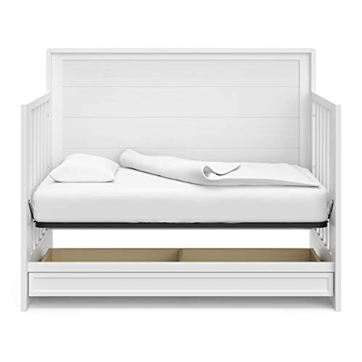 STORKCRAFT Luna 5-in-1 Convertible Crib with Drawer (White) – GREENGUARD Gold Certified, Crib with Drawer Combo, Full-Size Nursery Storage Drawer, Converts to Toddler Bed, Daybed and Full-Size Bed