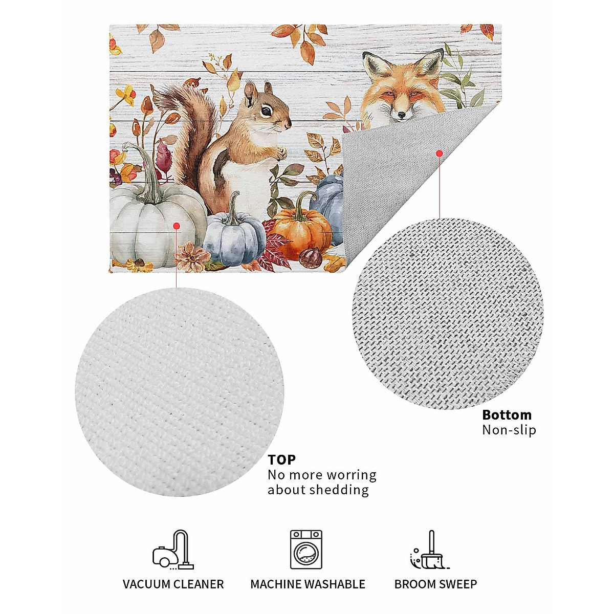 Fall Front Door Mat Outside Entrance, Thanksgiving Day Outdoor Indoor Low Profile Door Mats for Entryway, Funny Autumn Maple Leaves Pumpkin Squirrel Fox Welcome Mat Entry Doormats
