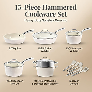 GOTHAM STEEL Hammered 15 Pc Ceramic Pots and Pans Set Non Stick, Kitchen Cookware Sets, Pot and Pan Set, Ceramic Cookware Set Non Toxic, Non Stick Pots and Pan Set Dishwasher Safe, Cream White