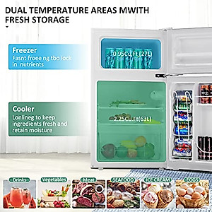 LHONE 2-Door Compact Refrigerator, 3.2 cu ft.Mini Fridge with Freezer,Freezer Compact Small Fridge with Refrigerators Thermostat,Removable Glass Shelves,Low Noise,Stainless Steel (White)