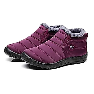 Lazzy Womens Winter Snow Boots, Faux Fur Velcro Ankle Short Booties, Anti-Slip Velour Cuff Sock Knit Boots for Indoor Outdoor Purple Size 7.5