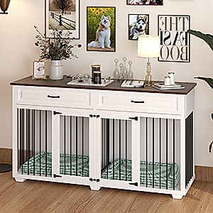 PIAOMTIEE Dog Crate Furniture, 72.4 Inch Wooden Dog Kennel, Modern Decorative Dog Crate End Table, Dog House with Double Doors, Drawers, Divider, Indoor Dog Cage for Large Medium Dogs, White