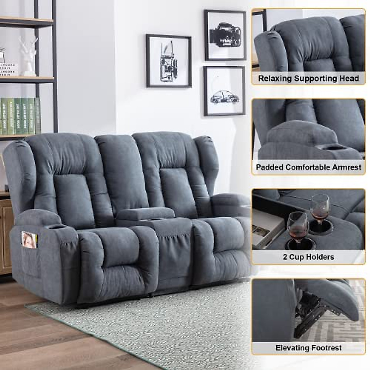 URRED Manual Recliner loveseat Chair with Console for Living Room Modern Manual-Pull Recliner Sofa Home Theater Lounge with Cup Holder,Storage for Home Theater Office (Blue-Grey Loveseat)