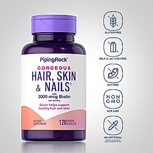 Piping Rock Hair Skin and Nails Vitamins | 120 Caplet Pills | 3000 mcg of Biotin | with Collagen | Multivitamin | Non-GMO, Gluten Free Supplement