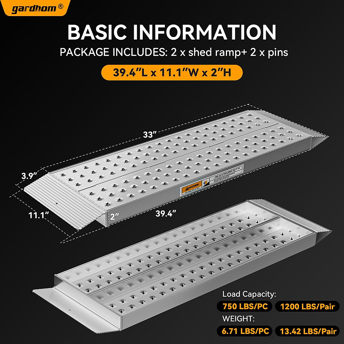 Aluminum Shed Ramps 39x12inch, gardhom 2PC Riding Mower Ramps 1500lbs Capacity for Curb Steps Stairs Dirt Bike Motorcycle Lawn Mower Snow Blower Loading Ramps