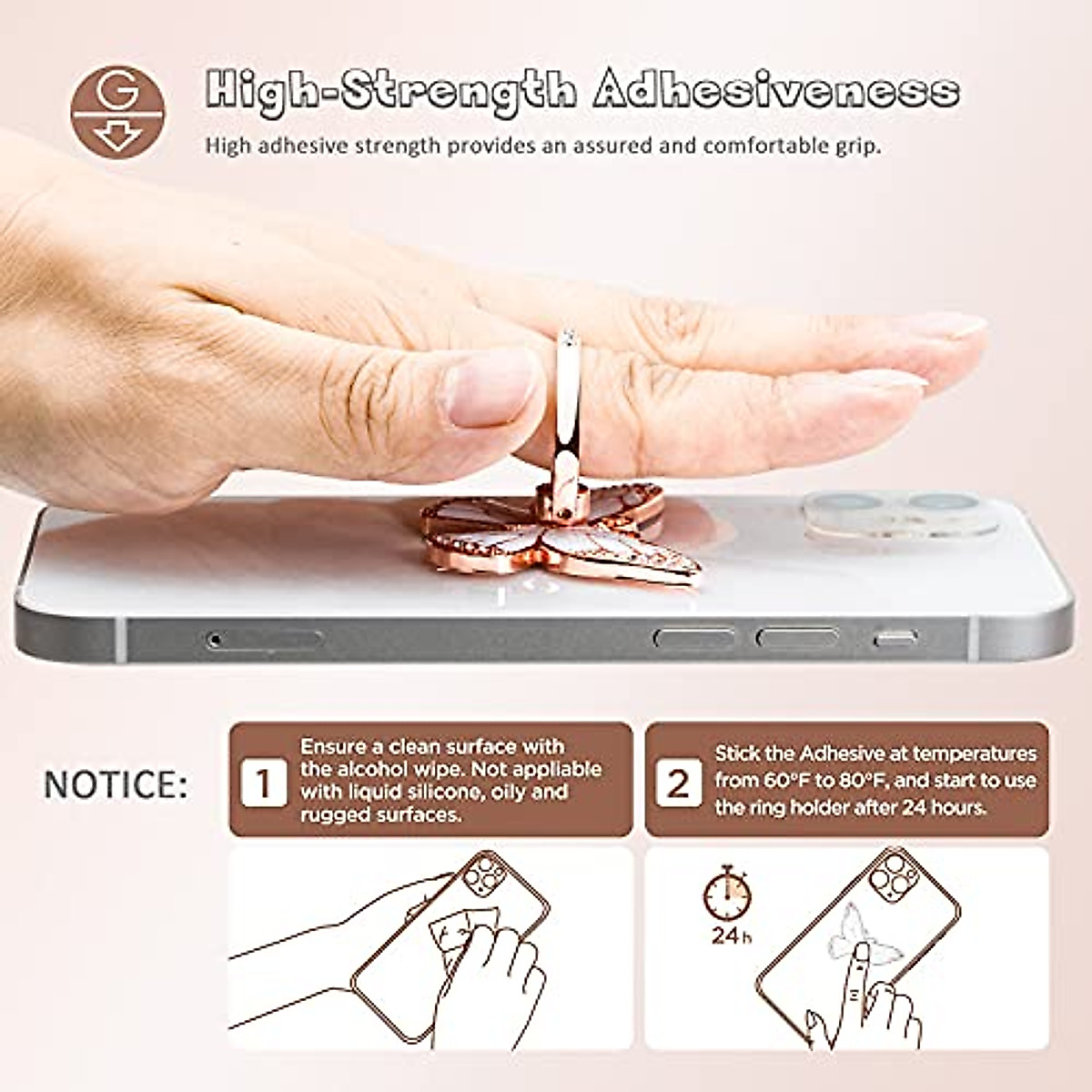 Butterfly Cell Phone Ring Holder, 360°Rotation Phone Ring Grip, Compatible with iPhone, Samsung Galaxy, LG Google Pixel, iPad, Rhinestones and Enamel (Rose Gold and White)