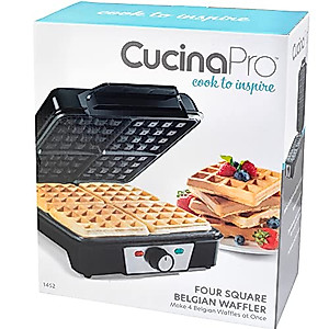 CucinaPro Four Square Belgian Waffle Maker, Extra Large Stainless Steel Kitchen Appliance with Nonstick Waffler Iron Plates, Makes 4 Fluffy Waffles, Griddle is Great for Family Breakfast or Gift